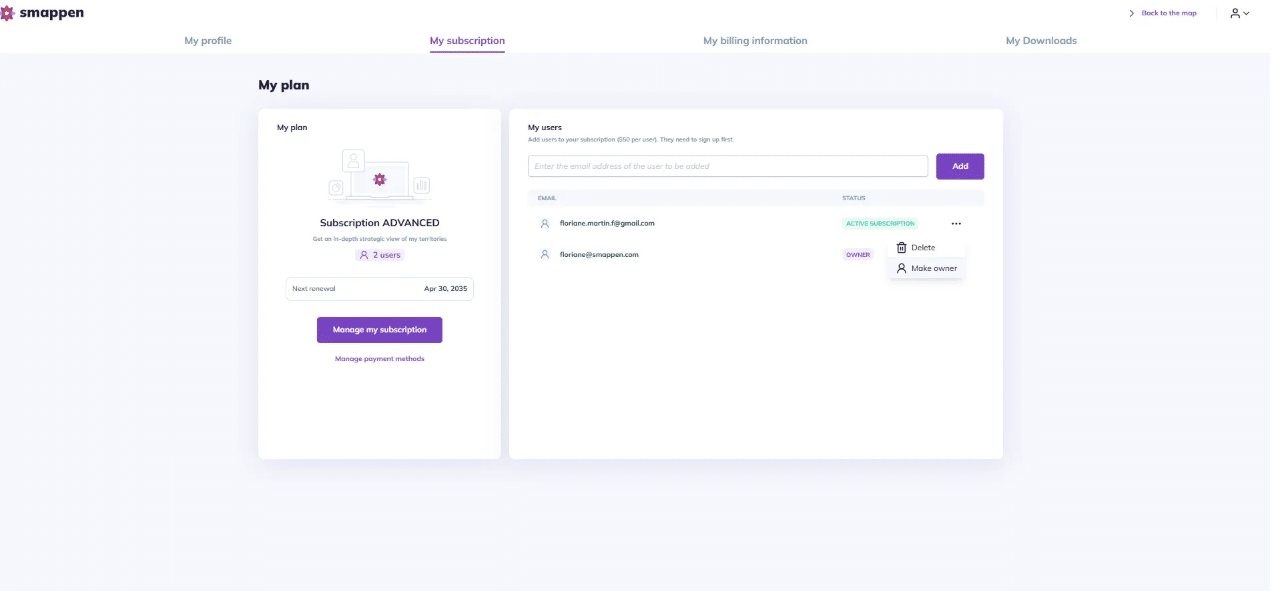 Managing my users and my data storage - Smappen
