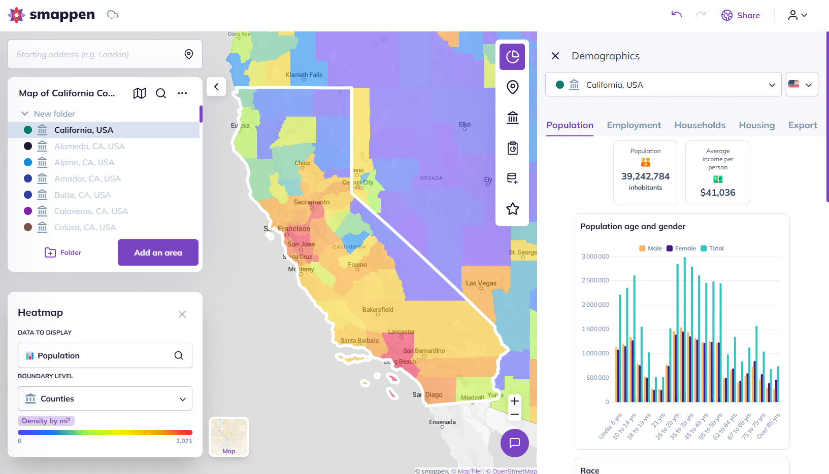 Map of California - Population by Counties - Smappen